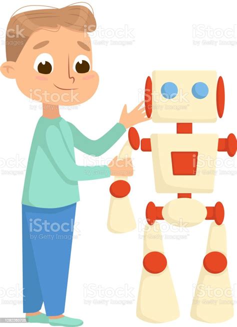 소년 만들기 및 프로그래밍 스마트 로봇 전자 교육 하이테크 하드웨어 공학 만화 스타일 벡터 일러스트 공부에 대한 스톡 벡터 아트