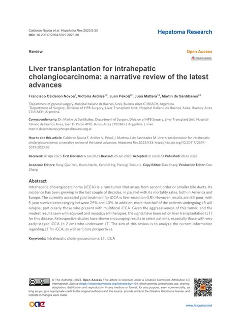 Pdf Hepatoma Research Liver Transplantation For Intrahepatic Cholangiocarcinoma A Narrative