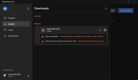 i can t install an editor version from unity hub unity engine unity