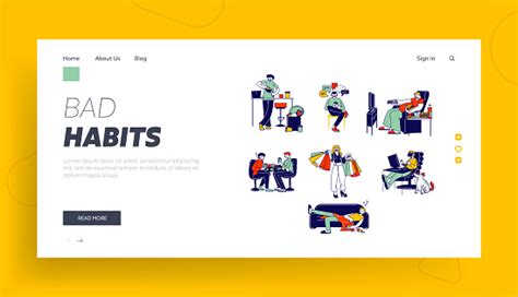나쁜 습관을 가진 사람들 방문 페이지 템플릿 흡연 알코올 음료 도박 및 가상 현실 게임 패스트 푸드를 먹고 커피를 마시는 중독 문자 선형 벡터 일러스트레이션 개념에 대한