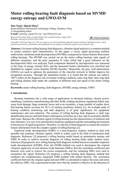 Pdf Motor Rolling Bearing Fault Diagnosis Based On Mvmd Energy Entropy And Gwo Svm
