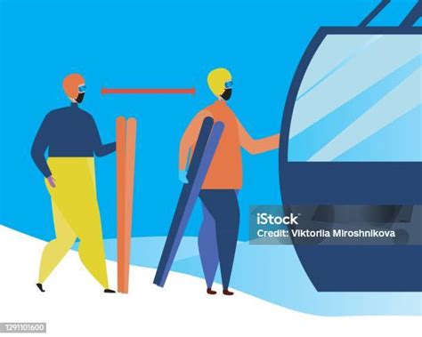 스키어 및 사회적 거리 스키 리프트 대기열 의료 용 얼굴 마스크를 착용한 사람들과 함께하는 플랫 벡터 스톡 일러스트 겨울에 대한 스톡 벡터 아트 및 기타 이미지 Istock