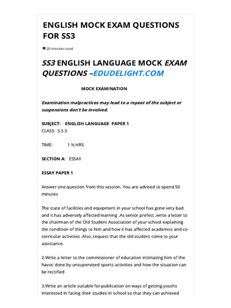 Ss3 English Mock Exam Questions Pdf Stress Linguistics