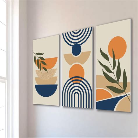 Modern Wall Set Boho Canvas Trio Geometric Leaf Art Abstract