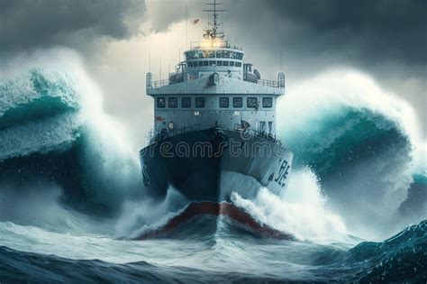 Autonomous Cargo Ship Navigating Through Stormy Waters With Waves Crashing Against The Deck