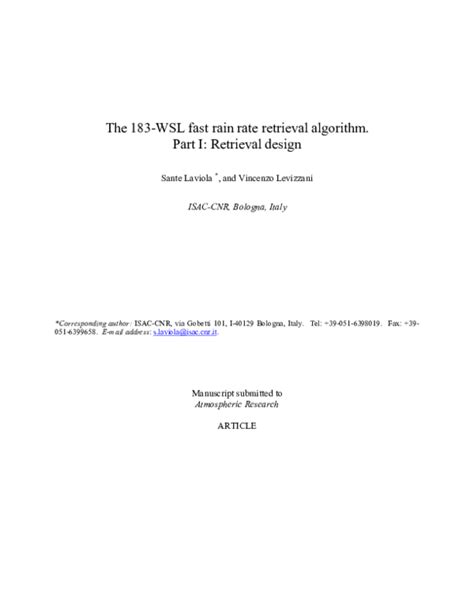 Pdf The 183 Wsl Fast Rain Rate Retrieval Algorithm Part I Retrieval