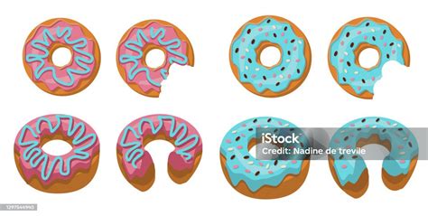 흰색 배경에 고립 된 분홍색과 파란색 프로스팅이있는 전체 도넛과 반 먹은 도넛 세트 플랫 스타일로 벡터 그림 맨 위 보기 및 동위원소 보기입니다 방울에 대한 스톡 벡터 아트