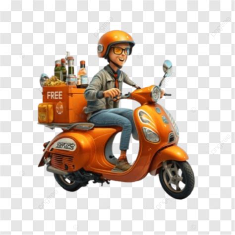 투명한 배경을 가지고 클립아트 스타일로 묘사된 음식 상자를 들고 스쿠터를 타고 있는 남자 스쿠터를 타고 음식 상자를 들고 있는 남자 투명한 배경의 클립아트에 묘사됨