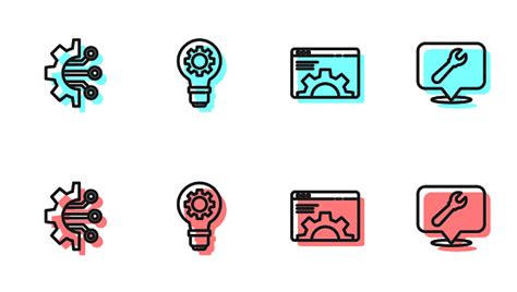 렌치 스패너 아이콘으로 라인 브라우저 설정 알고리즘 전구 및 기어 및 위치를 설정합니다 벡터 개념에 대한 스톡 벡터 아트 및 기타 이미지 Istock