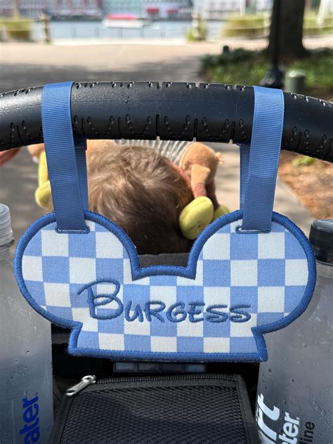 Personalized Checker Board Mouse Ears Stroller Tag Blue Checkerboard