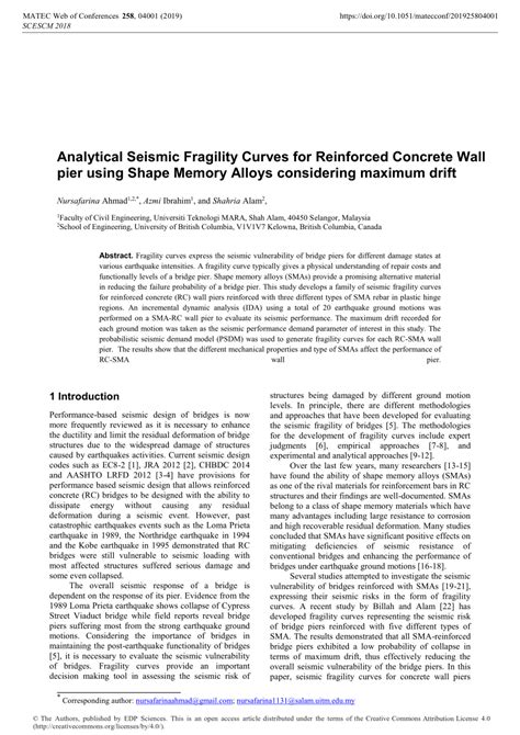 Pdf Analytical Seismic Fragility Curves For Reinforced Concrete Wall Pier Using Shape Memory