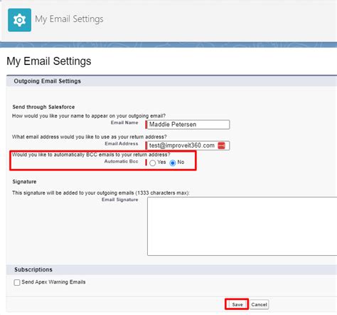 how to disable automatic bcc when sending emails lightning platform
