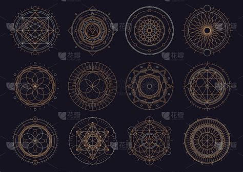 向量集神圣的几何图形，捕梦网和神秘符号，金色抽象符号