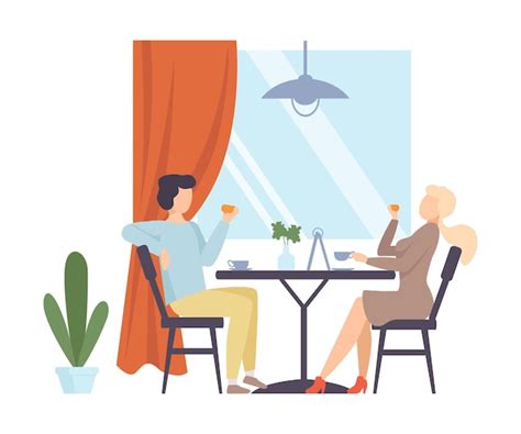 Мужчина и женщина пьют чай в кафе Премиум векторы