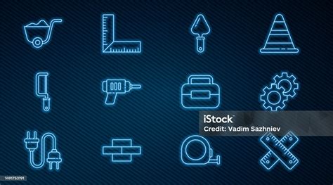 선 교차 눈금자 기어 흙손 전기 드릴 머신 쇠톱 삽 도구 상자 및 코너 아이콘을 설정합니다 벡터 각도에 대한 스톡 벡터 아트 및