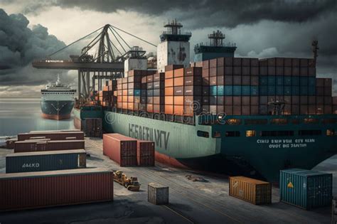 Shipping Container Port Illustration With Giant Cargo Ships Ai Generated Stock Illustration