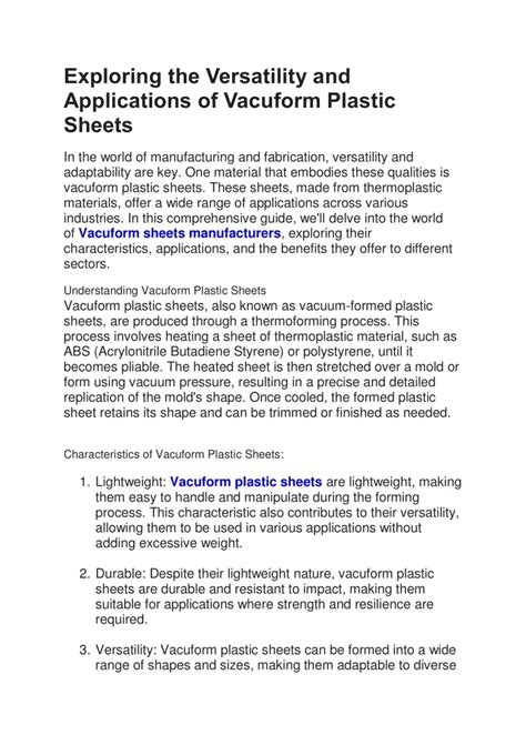 Ppt Exploring The Versatility And Applications Of Vacuform Plastic Sheets Powerpoint