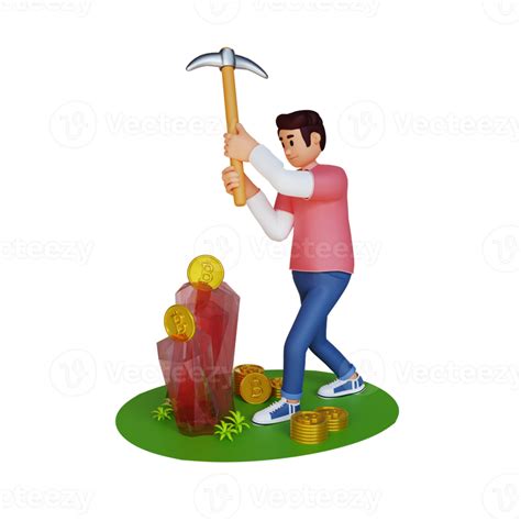 Young Man Digging Coins From Rock With Pickaxe 3d Character Illustration 11354503 Png
