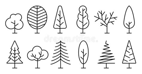 Collection Of Simple Tree Line Icons Showing Various Tree Shapes And