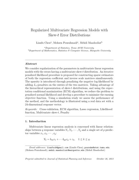 Pdf Regularized Multivariate Regression Models With Skew T Error