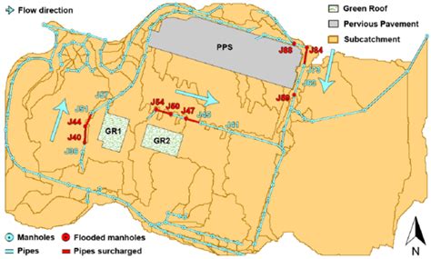 Layout Of Subcatchment Areas Flooded Nodes Pipes Surcharged And
