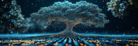 Glowing Digital Tree On Abstract Technology Background Lines Dots