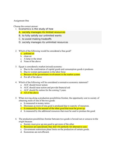 Econ 2011 Assignment One Fall 2020 Assignment One Choose The Correct Answer 1 Economics Is