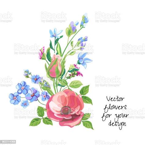 꽃 조성 꽃다발 버드 핑크 장미 빨간 양 귀 비 블루 꽃과 꽃 봉 오리 흰색 배경 디지털 그리기 장식 그림 녹색 잎 벡터 개념에 대한 스톡 벡터 아트 및 기타 이미지
