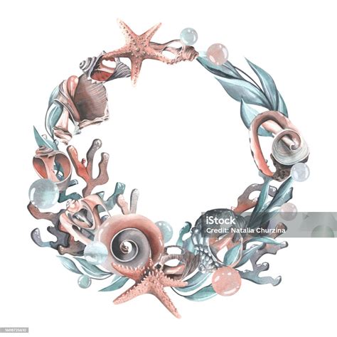 조개 불가사리 거품 조류 및 산호 청록색 손으로 그린 수채화 그림 원형 프레임 화환 흰색 배경에 템플릿 개체 그룹에 대한 스톡