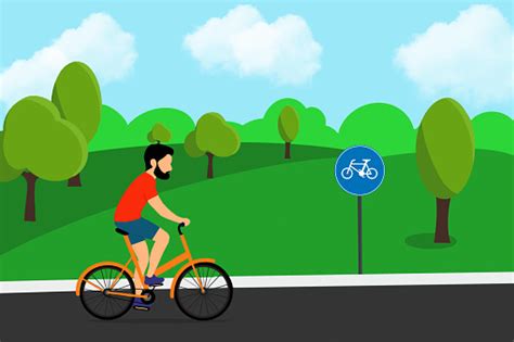 자연 공원으로 덮인 승마 지역에서 자전거를 타는 남자의 일러스트레이터 자전거 차선에 대한 스톡 벡터 아트 및 기타 이미지