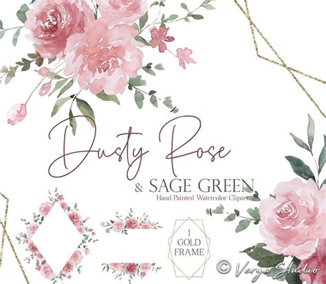 Dusty Rose Floral Clipart Sage Green Watercolor Flowers Gold Frame