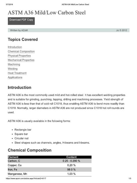 Astm A36 Mild Low Carbon Steel Pdf Steel Iron
