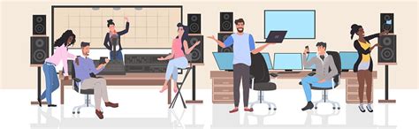 디지털 가제트 소셜 네트워크 통신 전체 길이 수평을 사용하여 녹음 스튜디오 남성 에서 수행 인종 사람들을 혼합 라디오에 대한 스톡 벡터 아트 및 기타 이미지 Istock