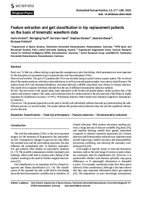 Pdf Feature Extraction And Gait Classification In Hip Replacement Patients On The Basis Of