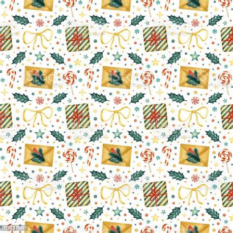 수채화 전통적인 크리스마스 요소 원활한 패턴 공예 편지 봉투 선물 상자 과자 홀리 별 디자인 프린트를 위한 홀리데이 핸드 그린