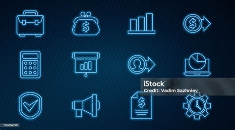 라인 시간 관리 그래프 차트가 있는 노트북 파이 인포그래픽 그래프 다이어그램 계산기 서류 가방 직업 승진 및 지갑 달러 아이콘을 설정합니다 벡터 가방에 대한 스톡 벡터 아트