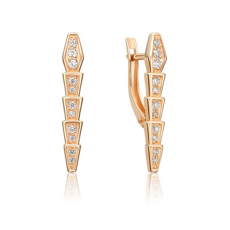 Серьги Змеи с английским замком из красного золота с фианитами 02