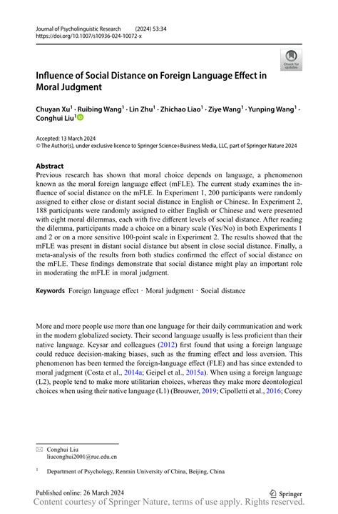 Influence of Social Distance on Foreign Language Effect in Moral Judgment | Request PDF