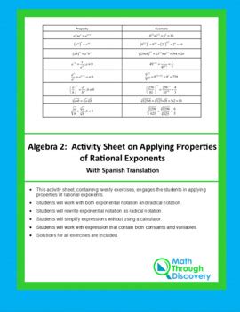 Alg Applying Properties Of Rational Exponents Activity Sheet