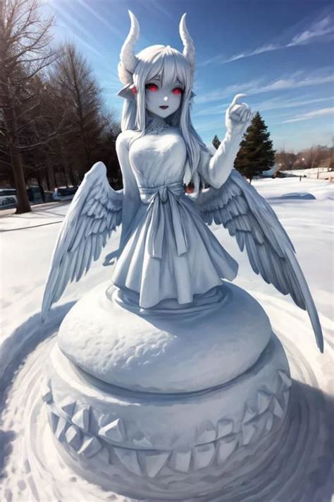눈 덮인 땅에 뿔이 달린 여인의 동상을 가까이서 본 모습 Seaart Ai