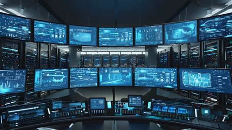 Futuristic Command Center With Multiple Monitors For Cybersecurity