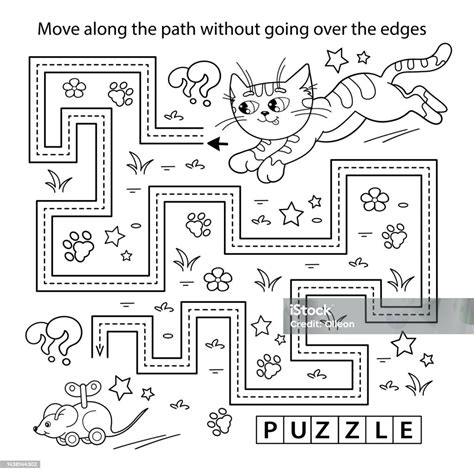 필기 연습 시트 간단한 교육 게임 또는 미로 장난감 시계태엽 마우스를 가진 만화 작은 고양이의 색칠하기 페이지 개요 아이들을위한 색칠하기 책 0명에 대한 스톡 벡터 아트 및