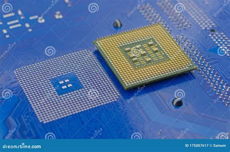 Computer Processor On Blue Motherboard Circuit Stock Image Image Of Powerful Digital