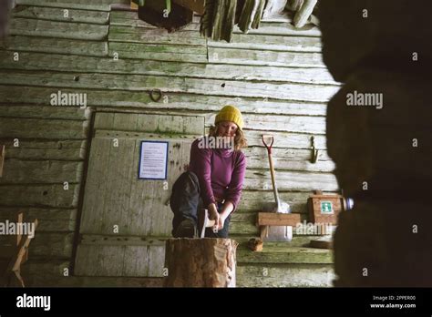 Woman Chopping Wood In Shed Stock Photo Alamy