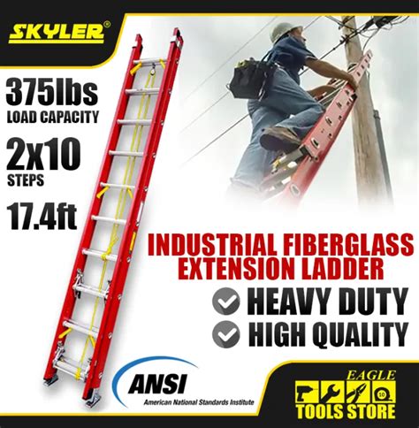 Heavy Duty Industrial Fiberglass Extension Ladder 2x10 Steps 375 Lbs Load Capacity 17 4ft