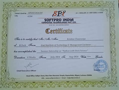 Summerinternship Completed Datascience Python Softpro Training Gratitude Krishna Chaurasiya