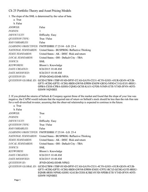 Ch 25 Portfolio Theory And Asset Pricing Models The Slope Of The Sml Is Determined By The