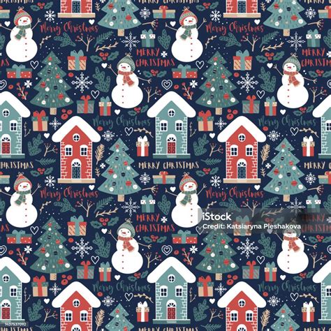 크리스마스 트리 눈사람 겨울 집 및 레터링 메리 크리스마스와 크리스마스 원활한 배경 건축에 대한 스톡 벡터 아트 및 기타 이미지 건축 건축물 겨울 Istock