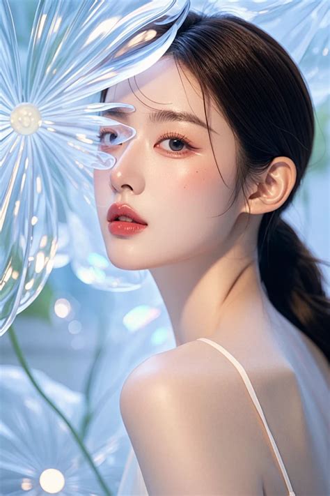 拍摄，美丽的全身模特，朦胧感，站在高大“透明”的玻璃花瓣间，面部细节完美，人物细节精致，浅色的服装，人像特写，大光圈，细腻的光泽，背景是8k渐变半透明玻璃融化，整图片 人物美女图片素材 花瓣网