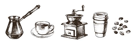 잉크 손으로 그린 스타일의 벡터 커피 컬렉션 커피 한 잔 종이 컵에 갈 커피 세즈브 커피 그라인더 콩 흰색에 고립 0명에 대한 스톡 벡터 아트 및 기타 이미지 Istock